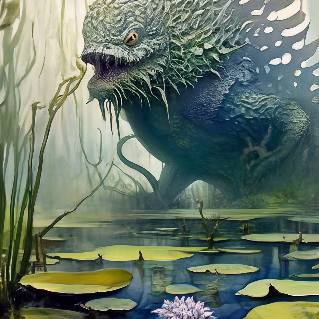 ". A water lily swamp monster with many short fins is angry in the ...