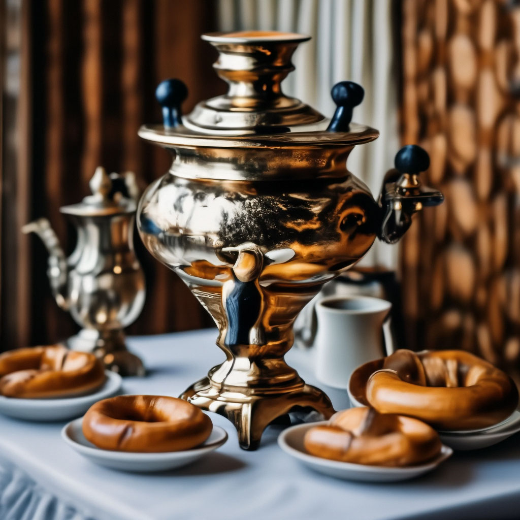 "Samovar with bagels on a white tablecloth" — image created in Shedevrum