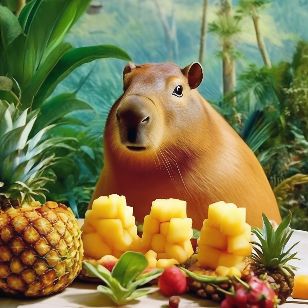 "Capybara lies and eats pineapple" — image created in Shedevrum