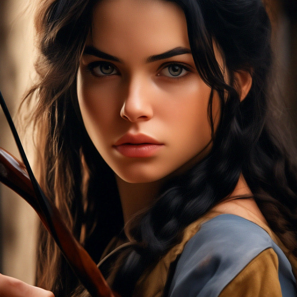 "An archer with a long curved bow, a bow in her hands, aimed from the ...