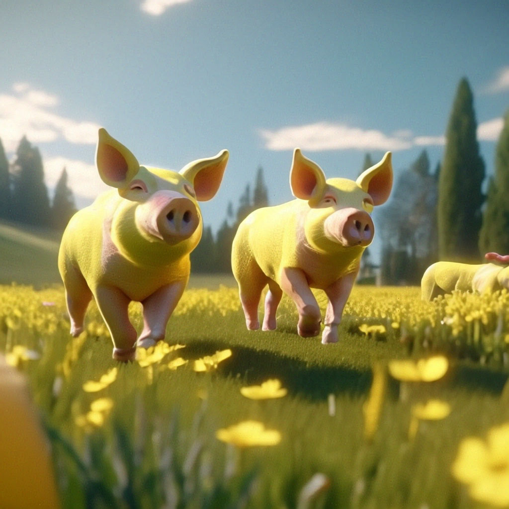 "Yellow pigs walking in the meadow" — image created in Shedevrum