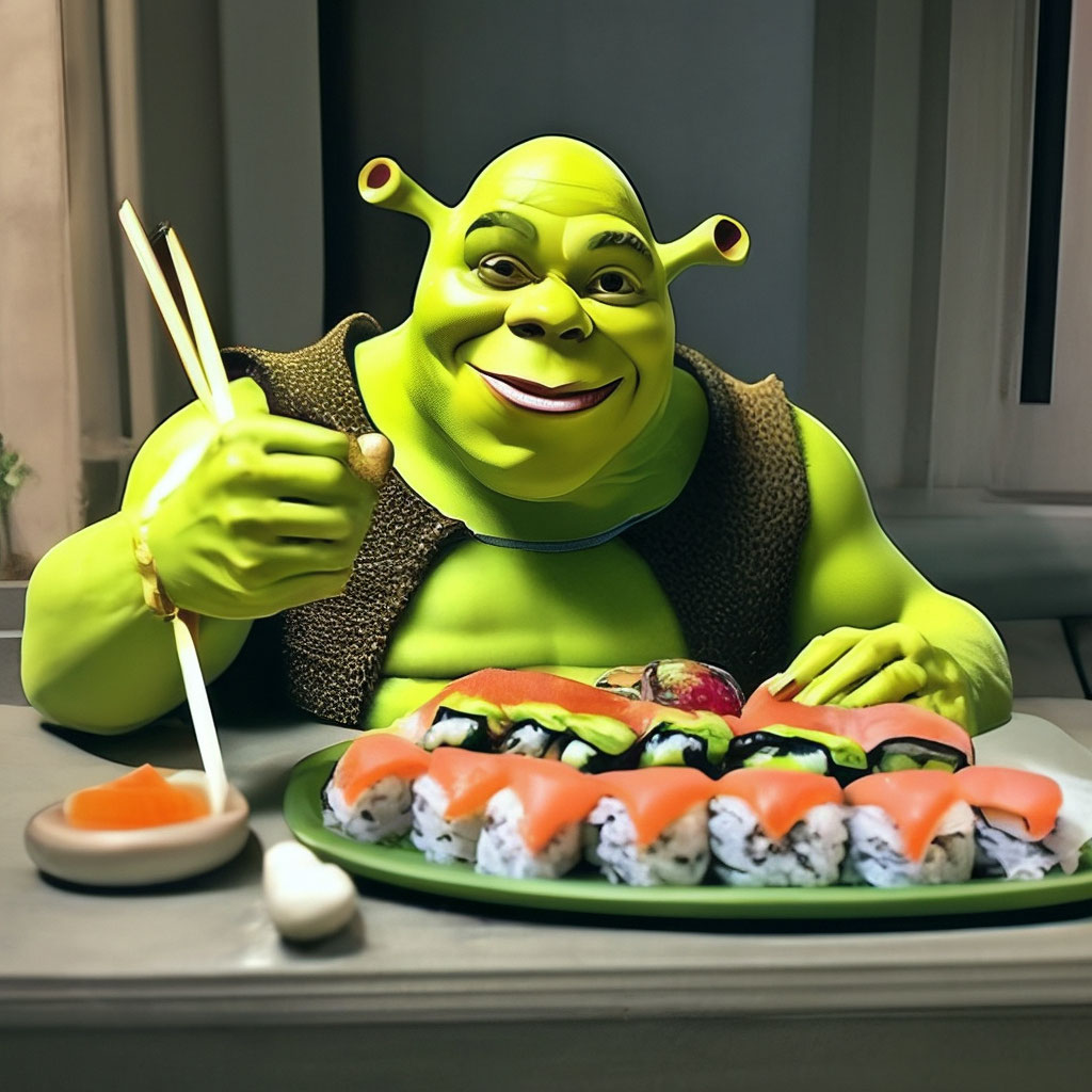 "Shrek only eats sushi" — image created in Shedevrum