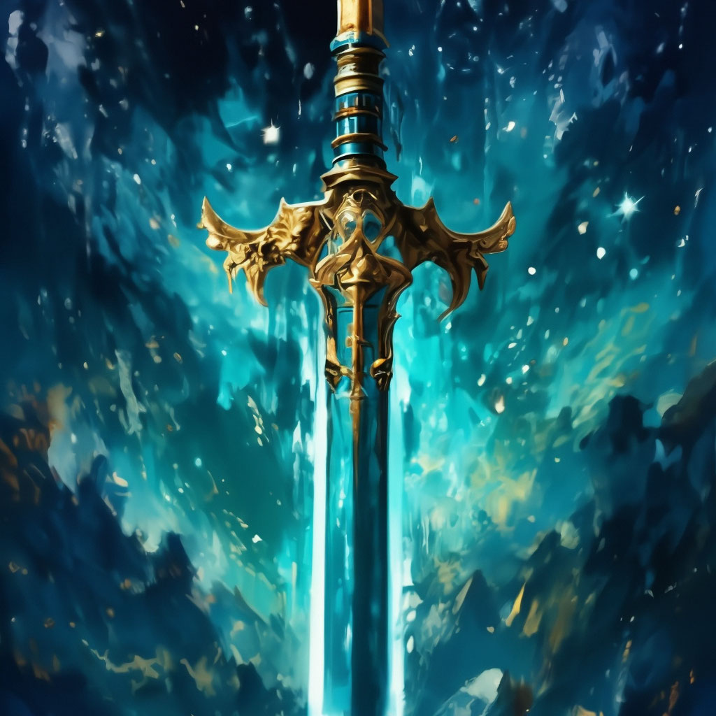 "A giant portal in the shape of a wide sword, against the background of ...