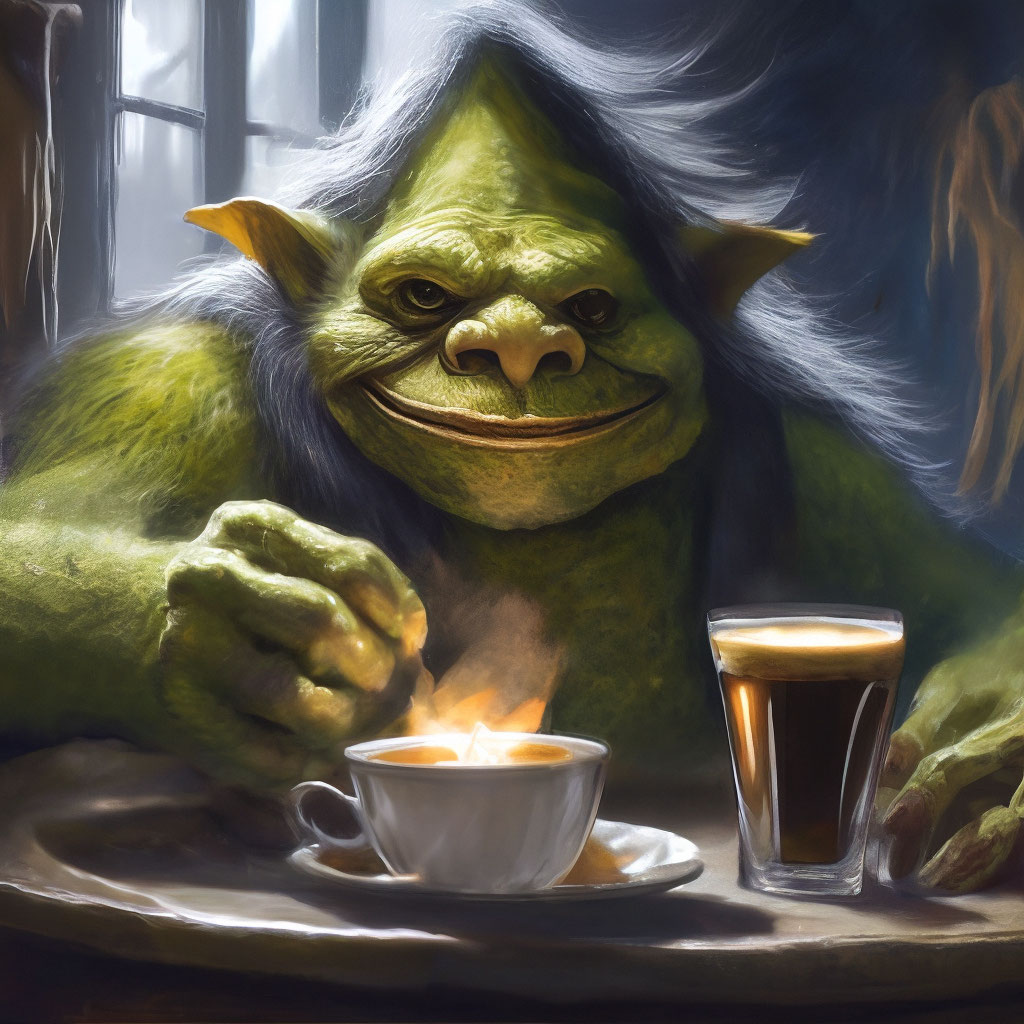 "Troll drinks Irish coffee" — image created in Shedevrum