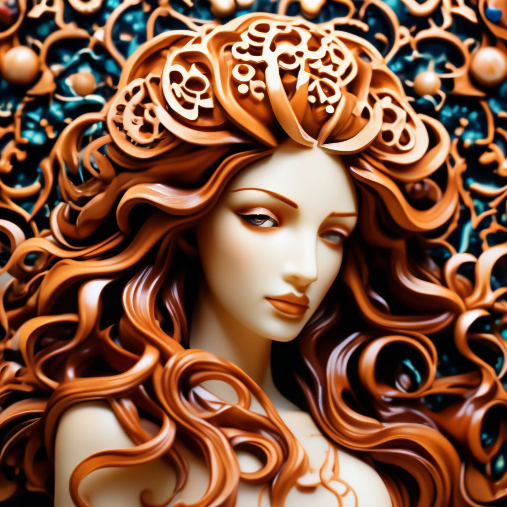 "Wood carving, mermaid+jellyfish+demon, gemstones, intricate ornament ...