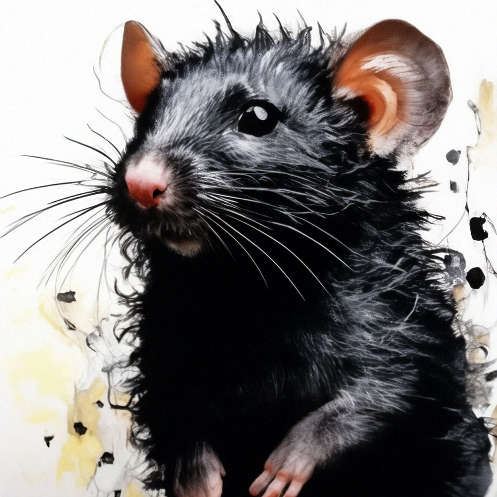 "Rat A black, curly-haired rat multi-layered watercolor, filigree ...