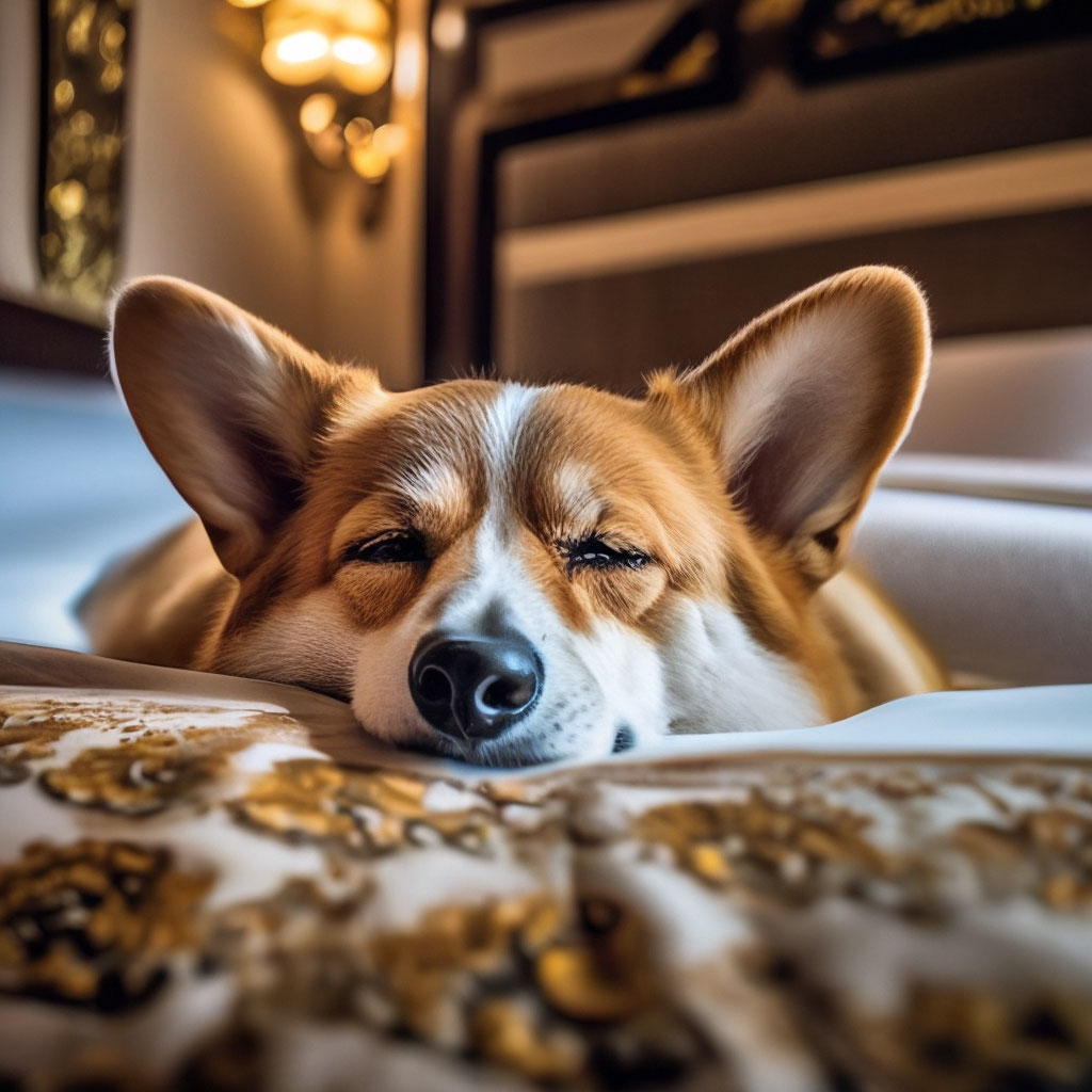"🐶 Good night And now the corgi traveler finds herself in the bed of a ...
