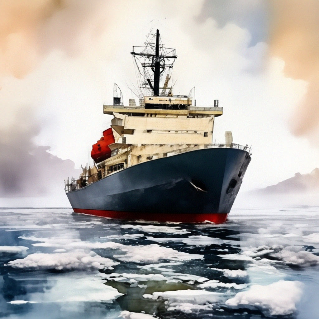 "Watercolor, line art, grunge, icebreaker in ice, from snow fog the ...