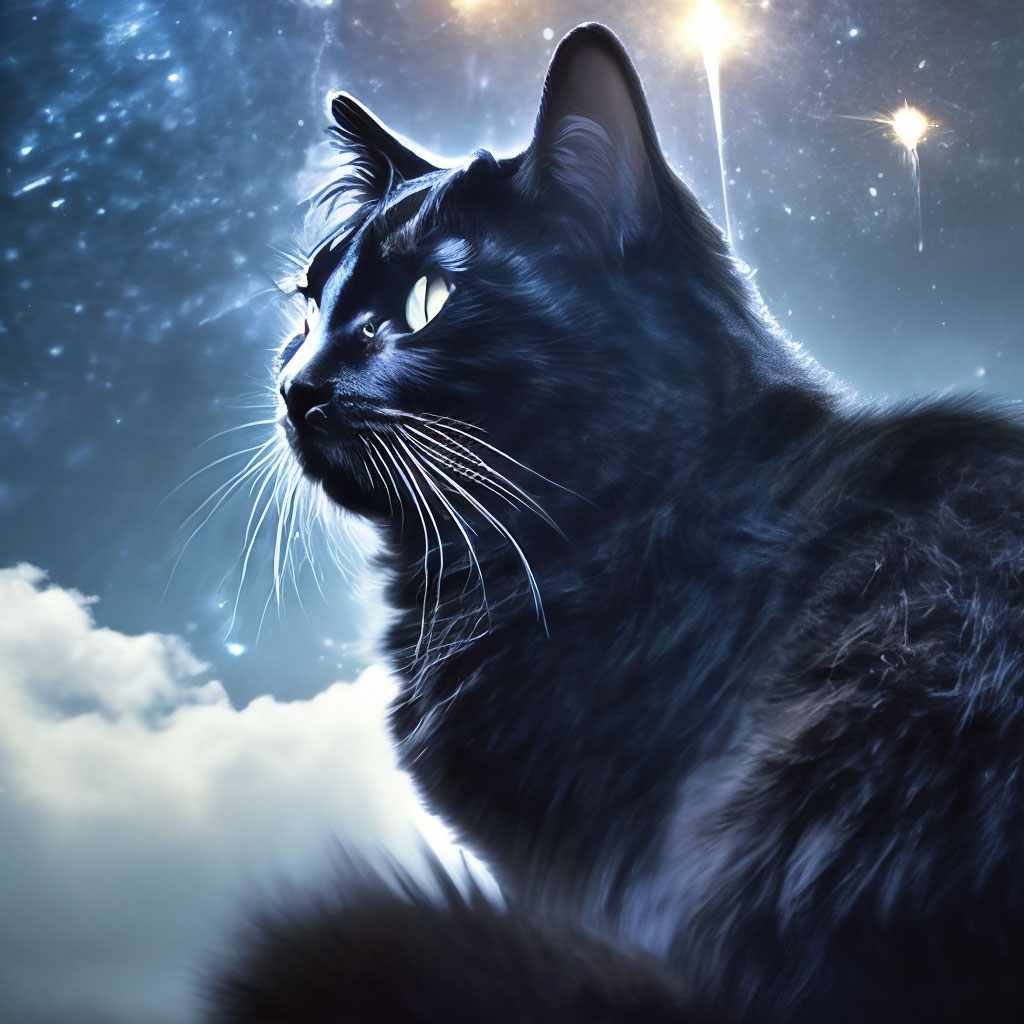 "The universe, the cosmic sky, stardust, a black cat sitting/standing ...