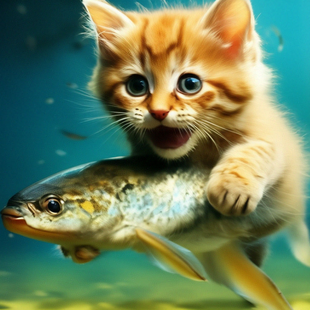 "Saturday, Sunday is a fish day. 🐟🐠 A cheerful little kitten is eating ...