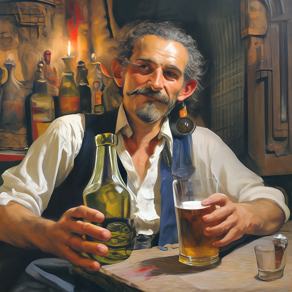 "The local drunk" — image created in Shedevrum