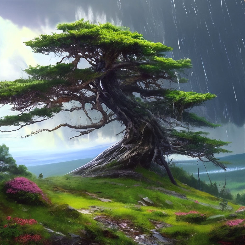 "Twister, rain,big old tree on the mountain, juniper, tall grass ...