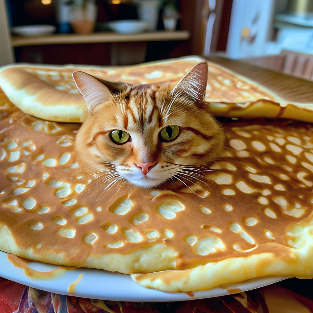 "A cat wrapped in a pancake" — image created in Shedevrum