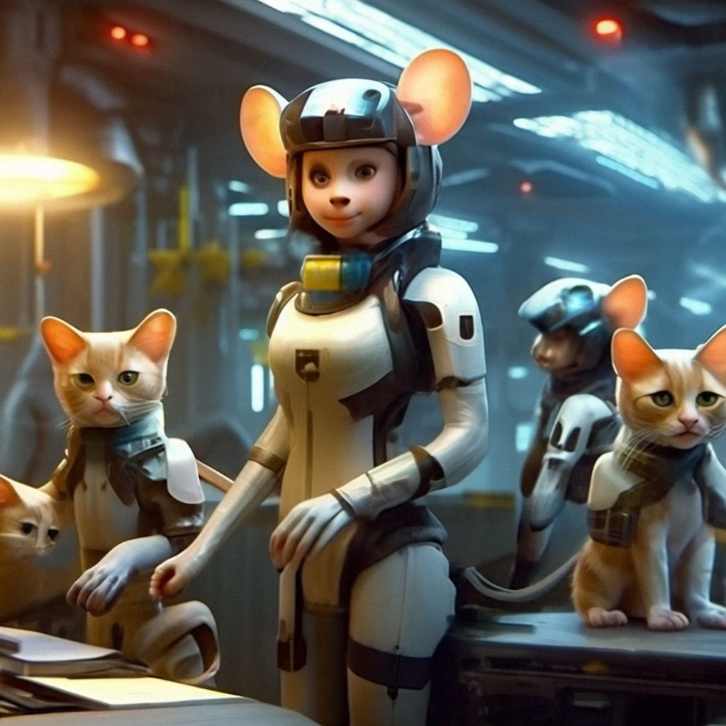 "A female animaloid (mouse) goes to work accompanied by anthropomorphic ...