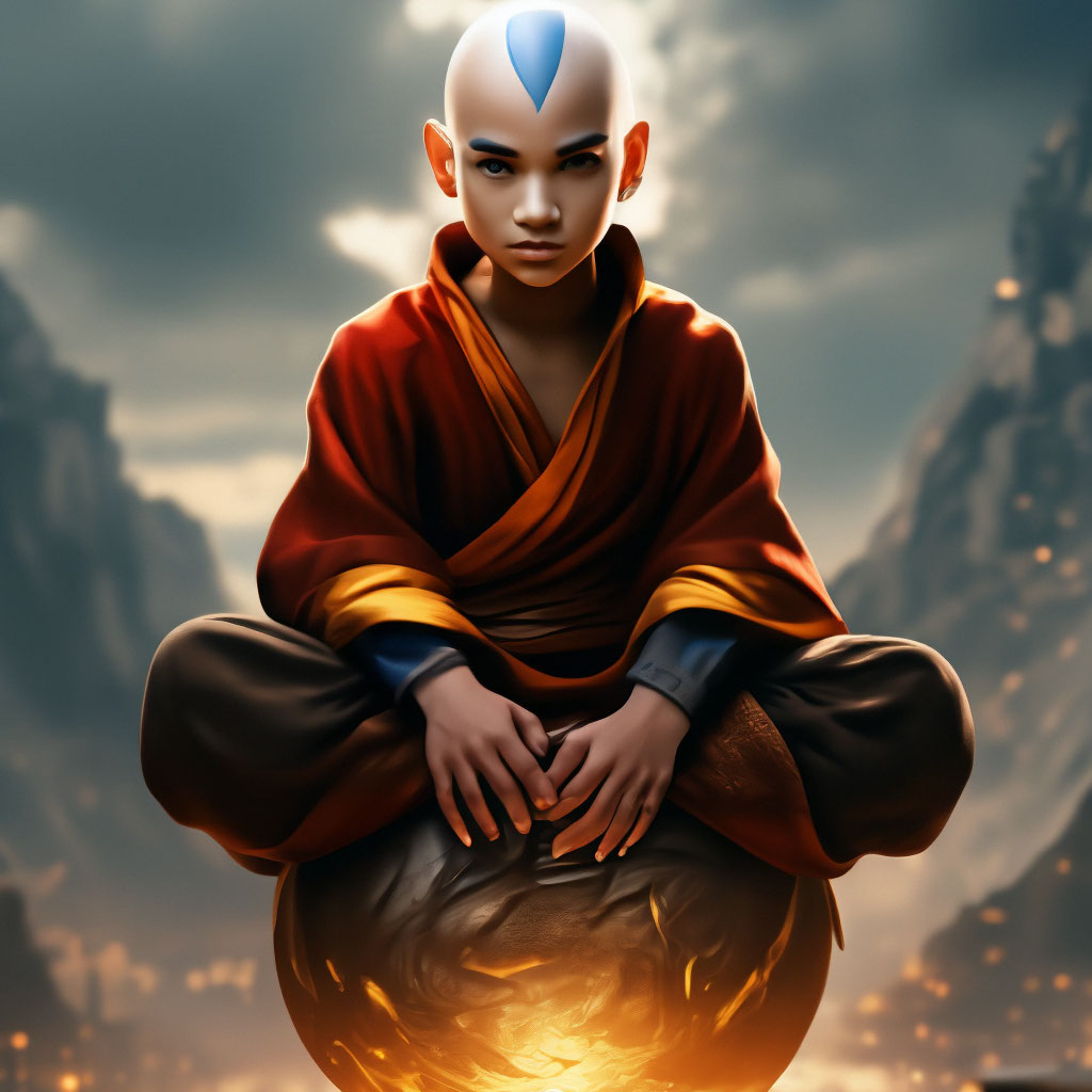 "Aang is an airbender avatar, sitting on a ball of air" — image created in Shedevrum