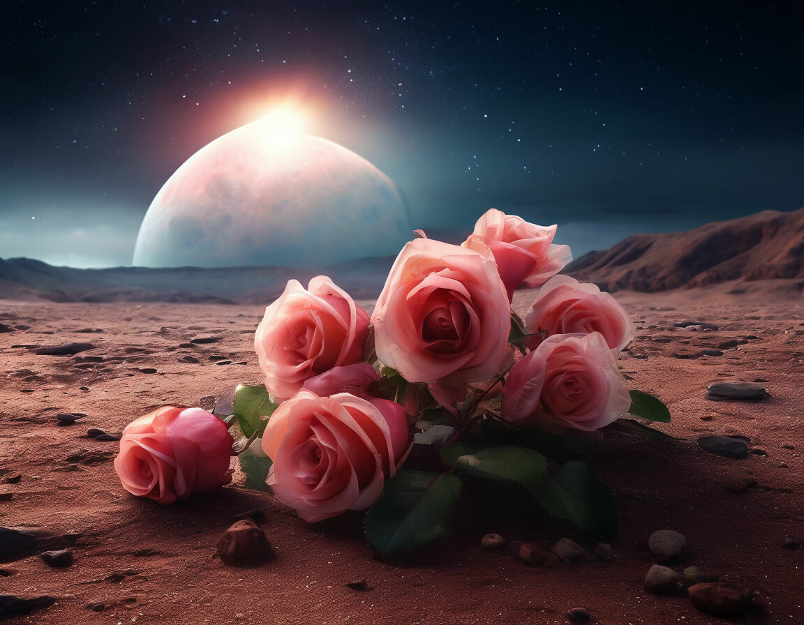 "Wonderful lush transparent beautiful roses lie on Mars against the ...