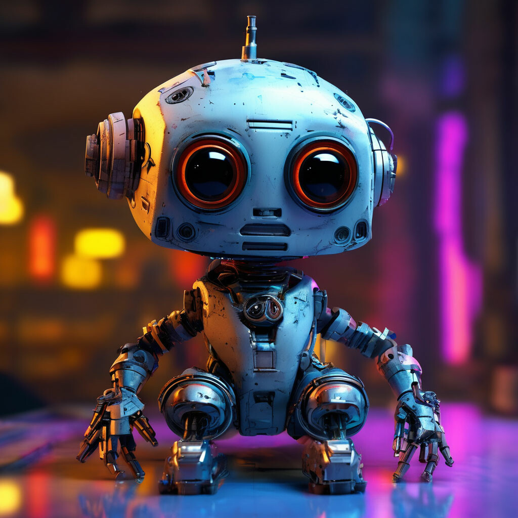 "An anthropomorphic desktop robot with big sad eyes in the cyberpunk ...