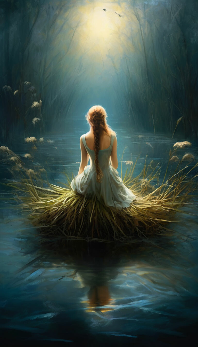 There is a sad nymph with a loose braid, (Surrounded by) a singing ...