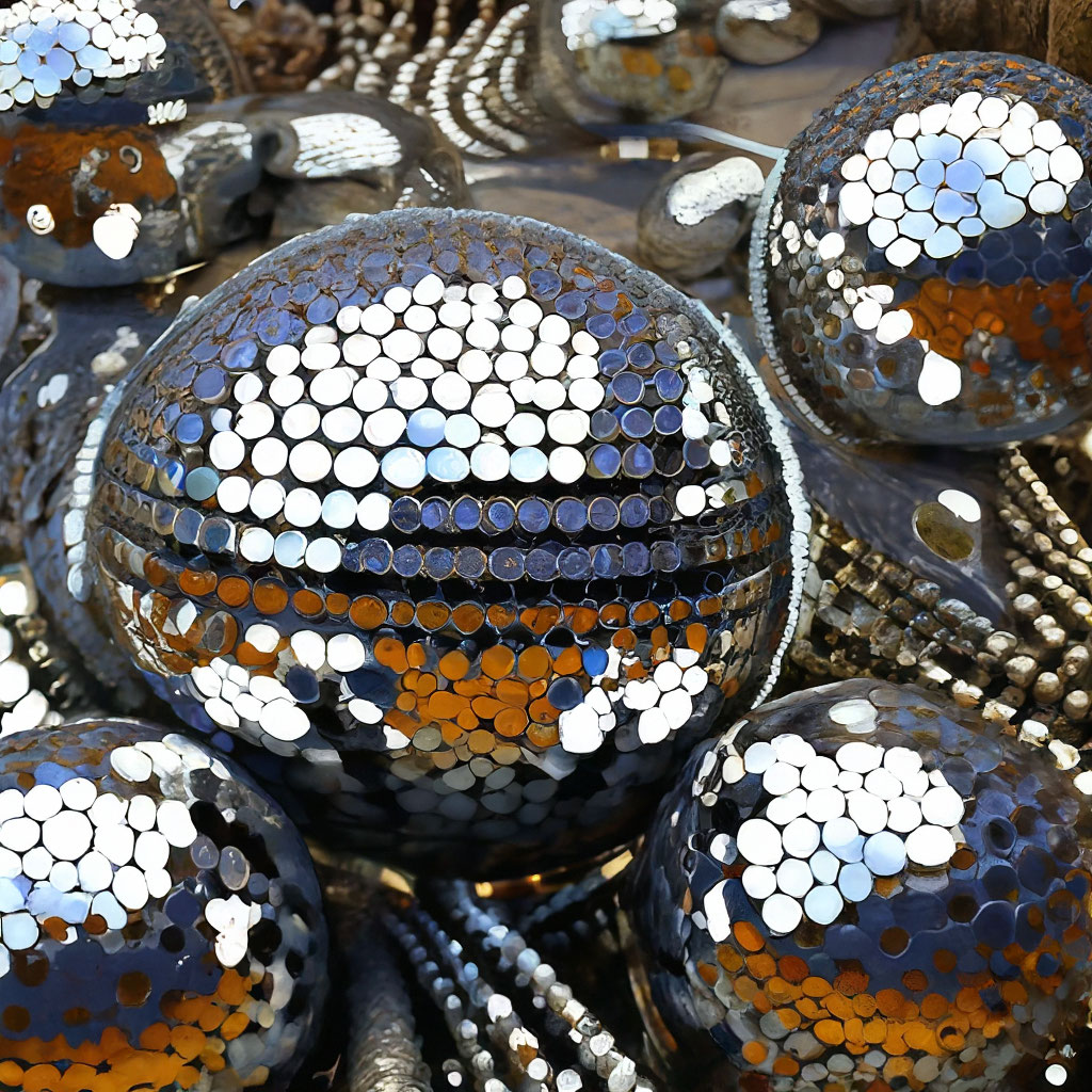 "Chrome balls,flowers, thin white lines, fractals, vortices, curls ...