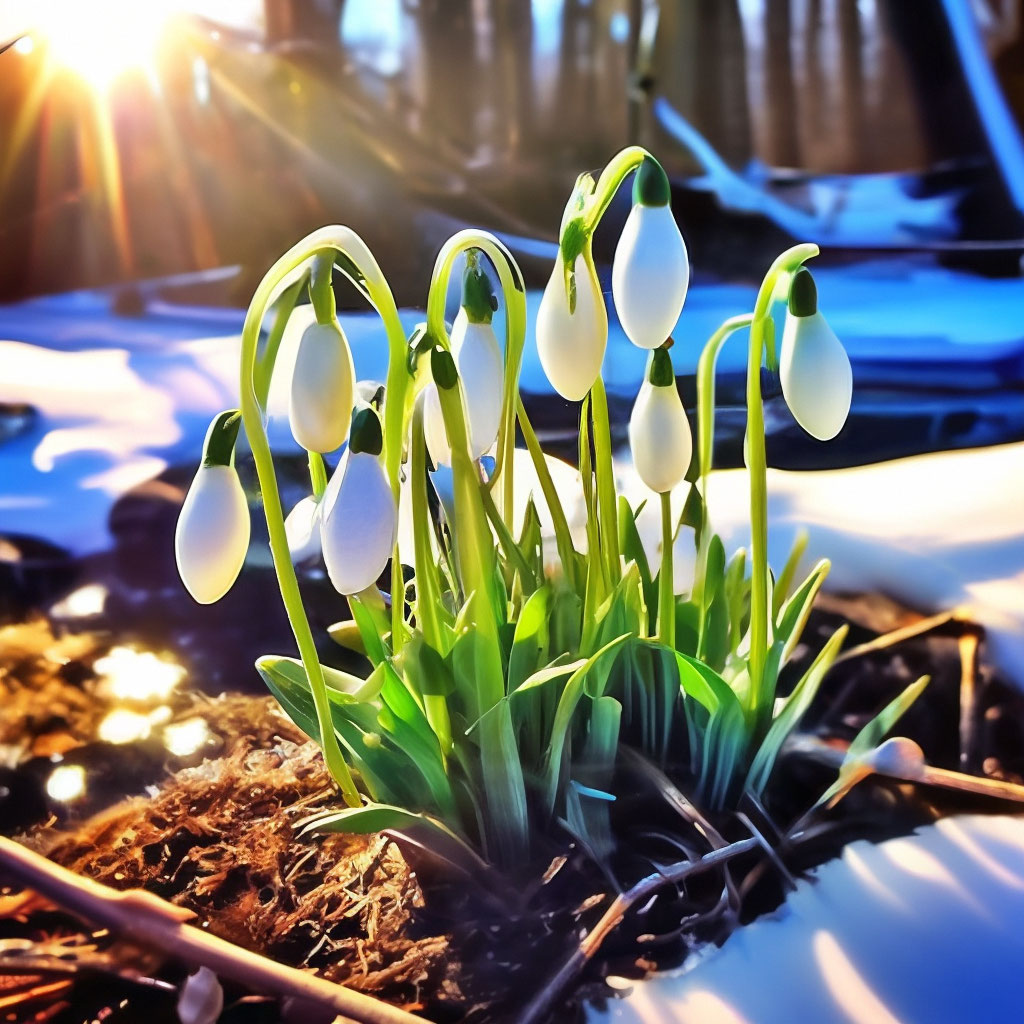 "Happy first day of spring! Snowdrops! bright sun, snow melts, stream ...