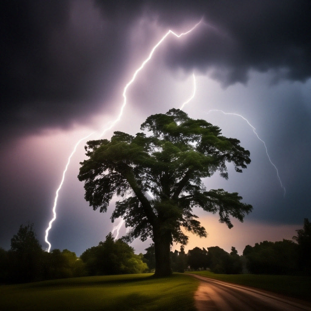 "Severe thunderstorm. clouds.Lightning strikes a mighty tall tree.rain ...
