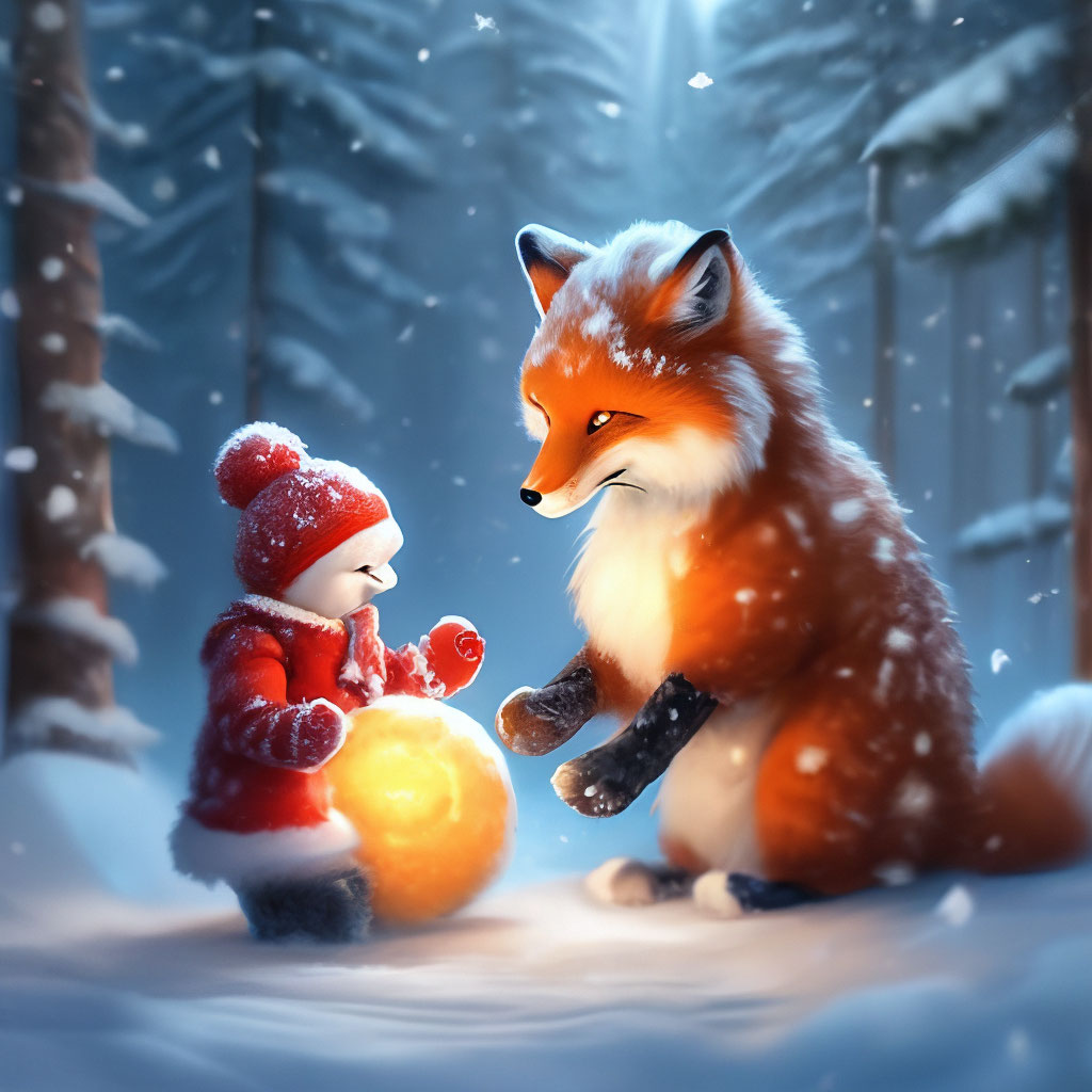 "Fox and snowman, sculpts a snowman, rolls a ball, glitter snow, pines ...