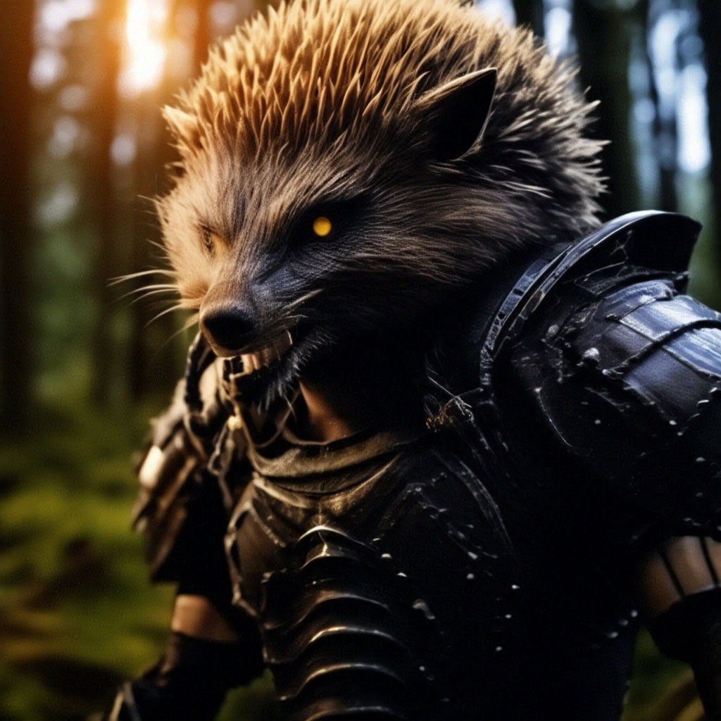 "Alien hedgehog, armor, laser, there is a battle in the forest against ...