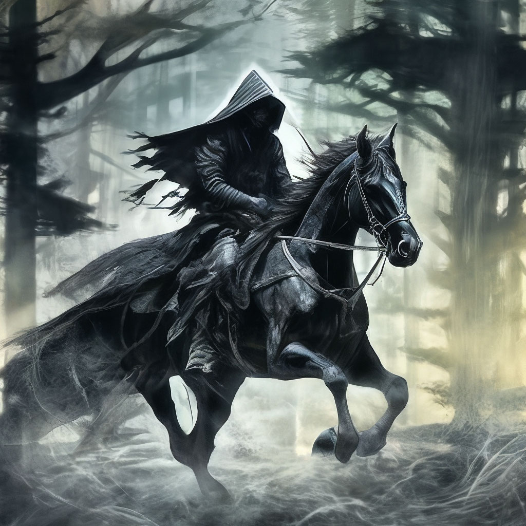 "A black rider in a hooded cloak on a black horse🕸a view from afar ...
