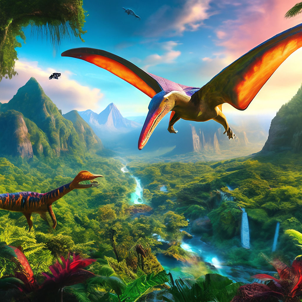 surreal landscape, jungle, mountains, dinosaur, pterodactyl ...
