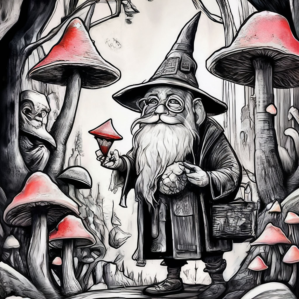 "An old man wizard collects mushrooms in a magical forest , detailed ...
