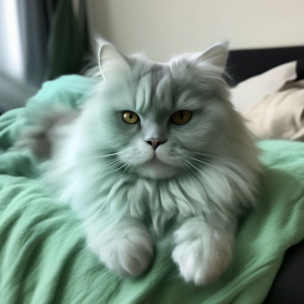 "A minty soft fluffy cat is lying in bed" — image created in Shedevrum