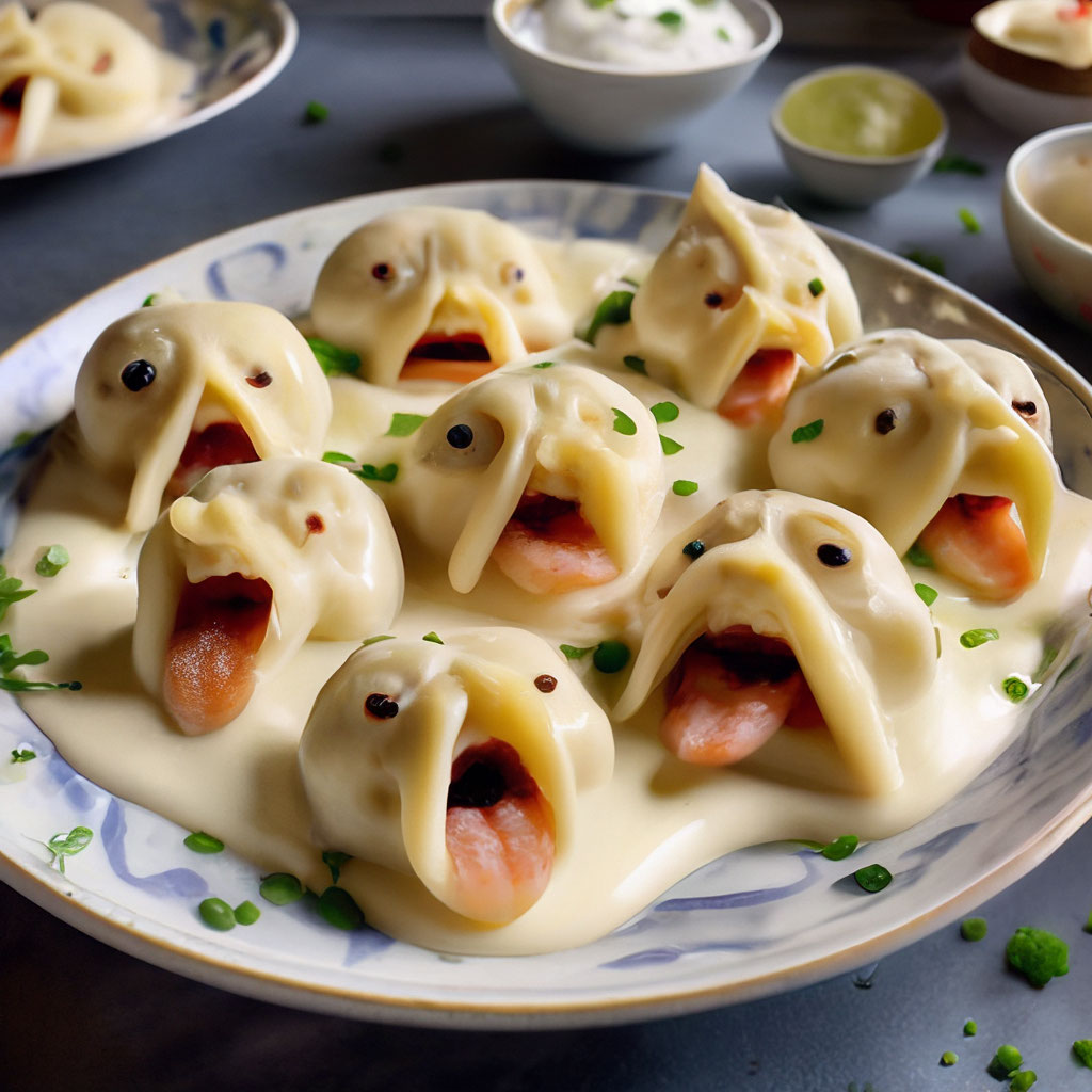 "A plate of screaming mutant dumplings in sour cream" — image created ...