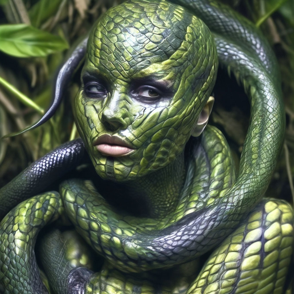 "Snake woman, face covered with snake skin, snake skin covered body and ...