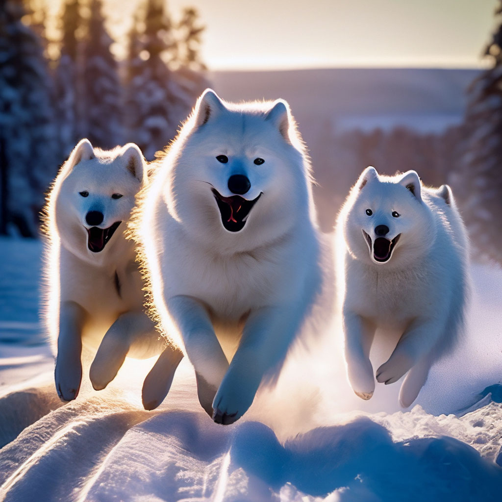 "A team of Samoyeds Running, speed, movement, aesthetically pleasing ...
