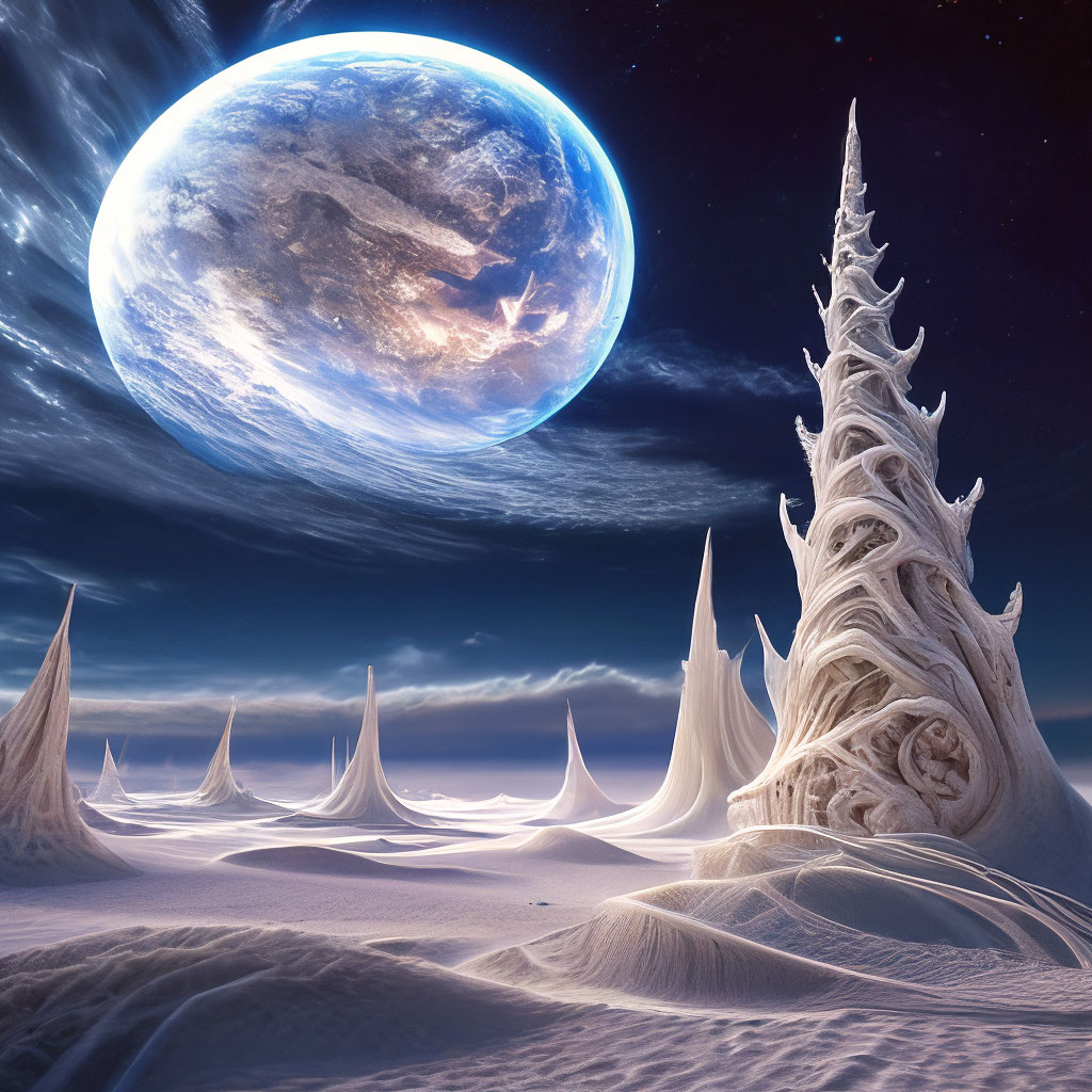 "Surrealism, grotesque, night, a distant floral planet, white sand ...
