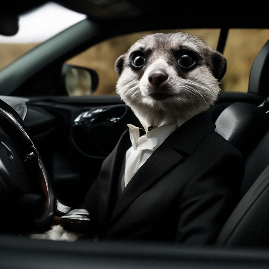 "A meerkat in a black Brioni suit driving a luxury car, Aesthetically ...