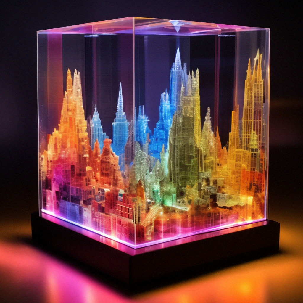 "Reproduction in a crystal cube Mega detailed drawing ...