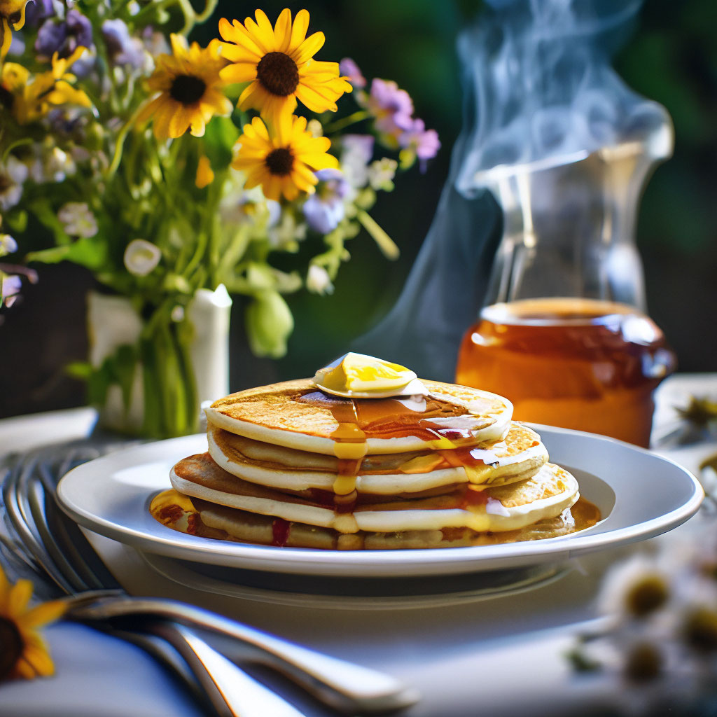 "Pancakes, steam comes from them, syrup stands next to them ...