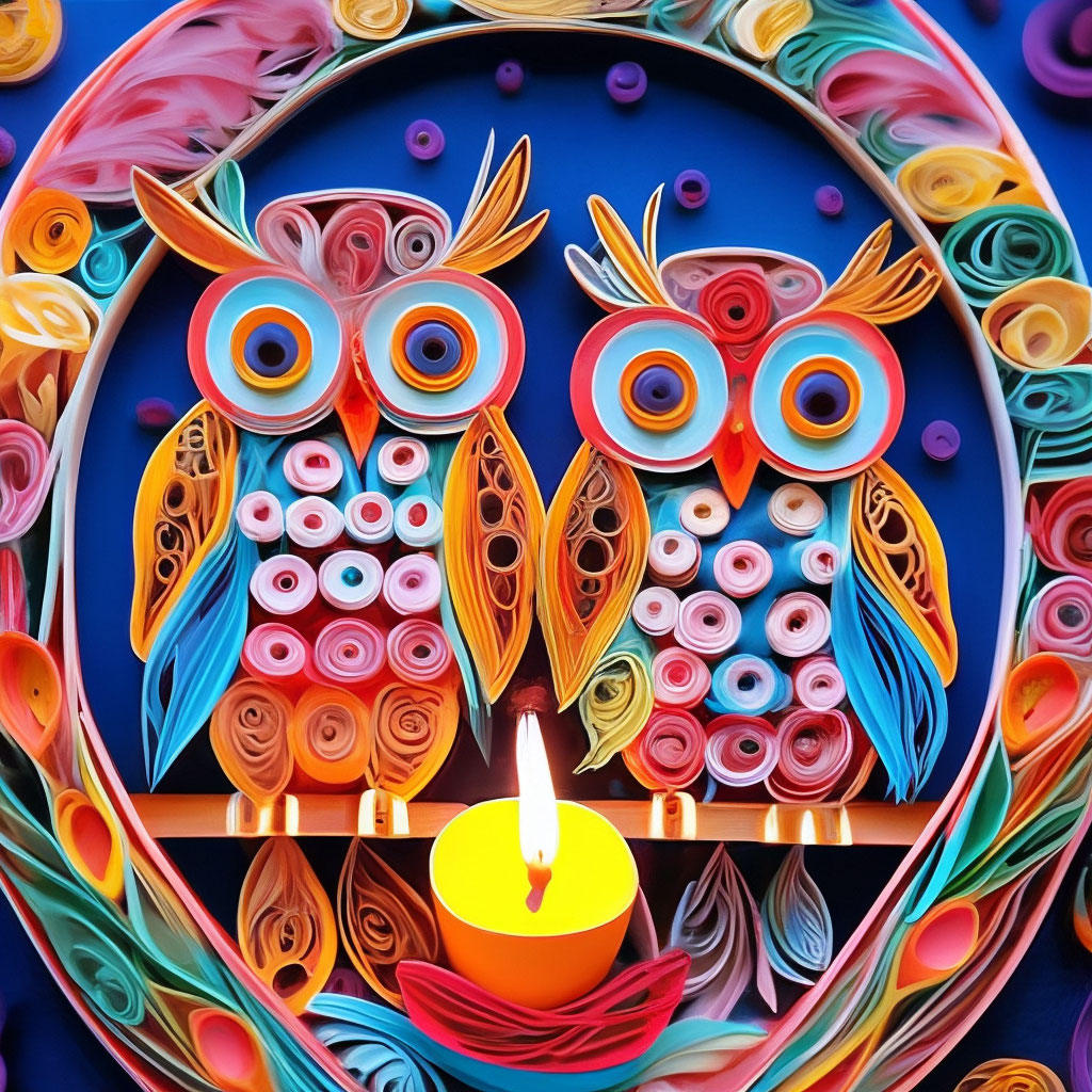 "FOLK-ART style, cozy owls with a candle, hyperdetalization, fantasy ...