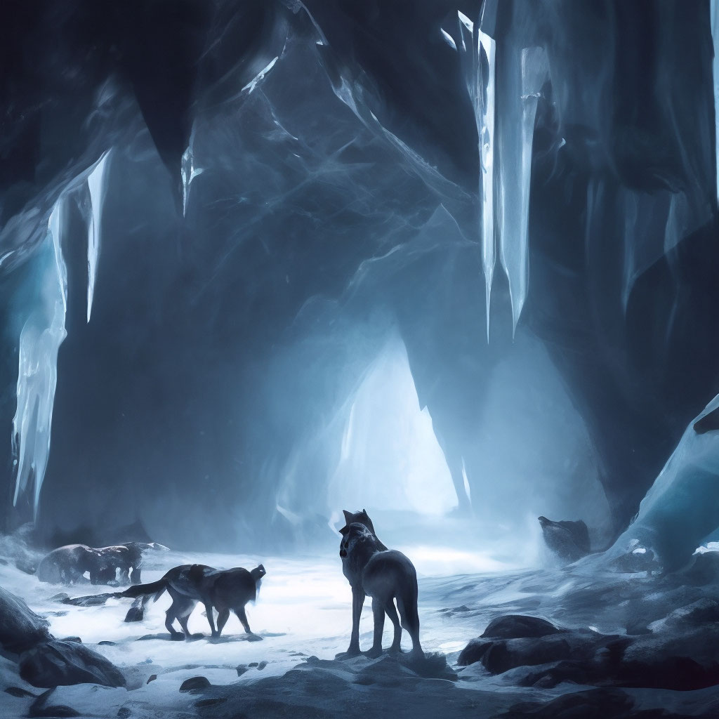 "Ice cave with wolves" — image created in Shedevrum