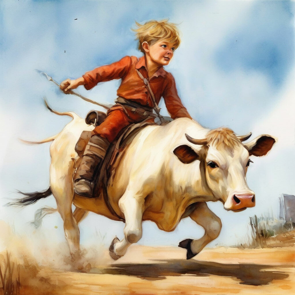 humorous drawing watercolor,acrylic A boy riding a cow rides into ...