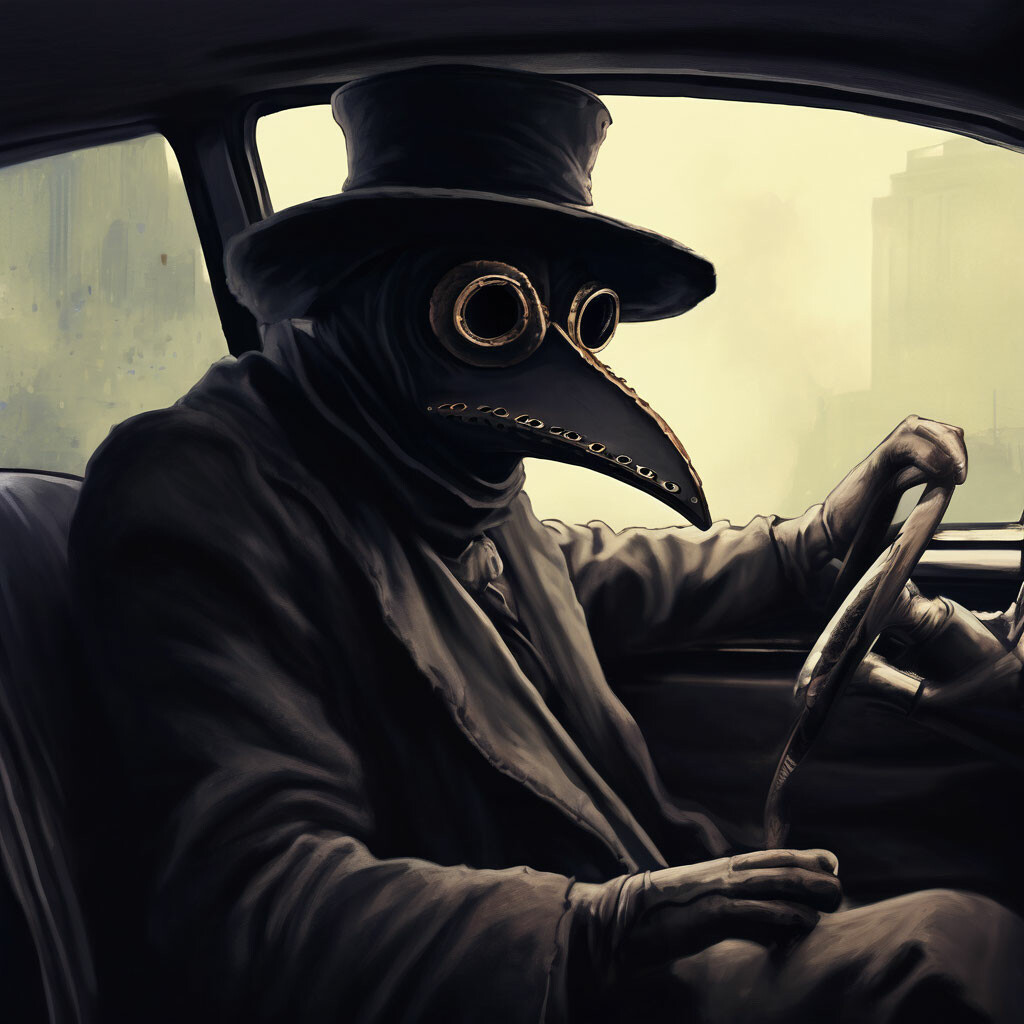 "The plague doctor in the car" — image created in Shedevrum