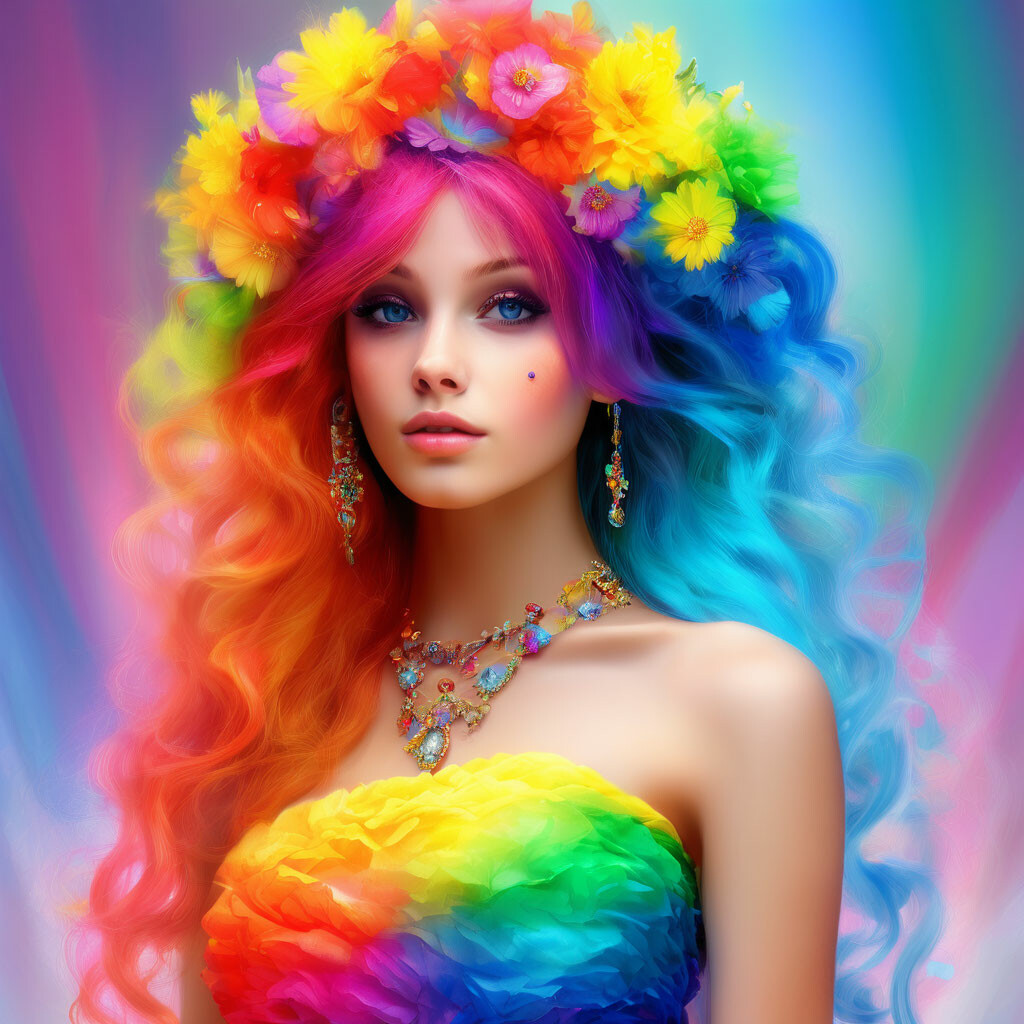 "A beautiful rainbow girl wears elaborate jewelry, she is in a ...