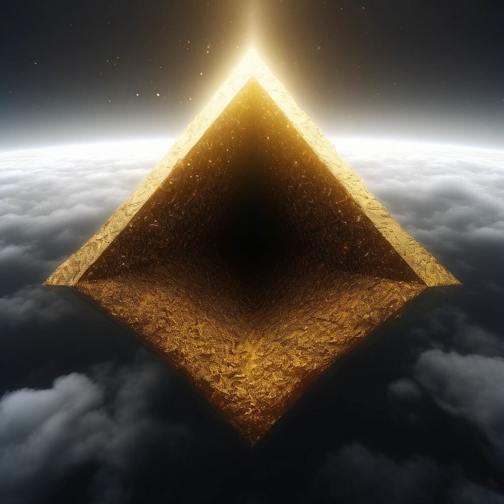 "Hyperrealism, high detail, gold, large round triangles magnified very ...