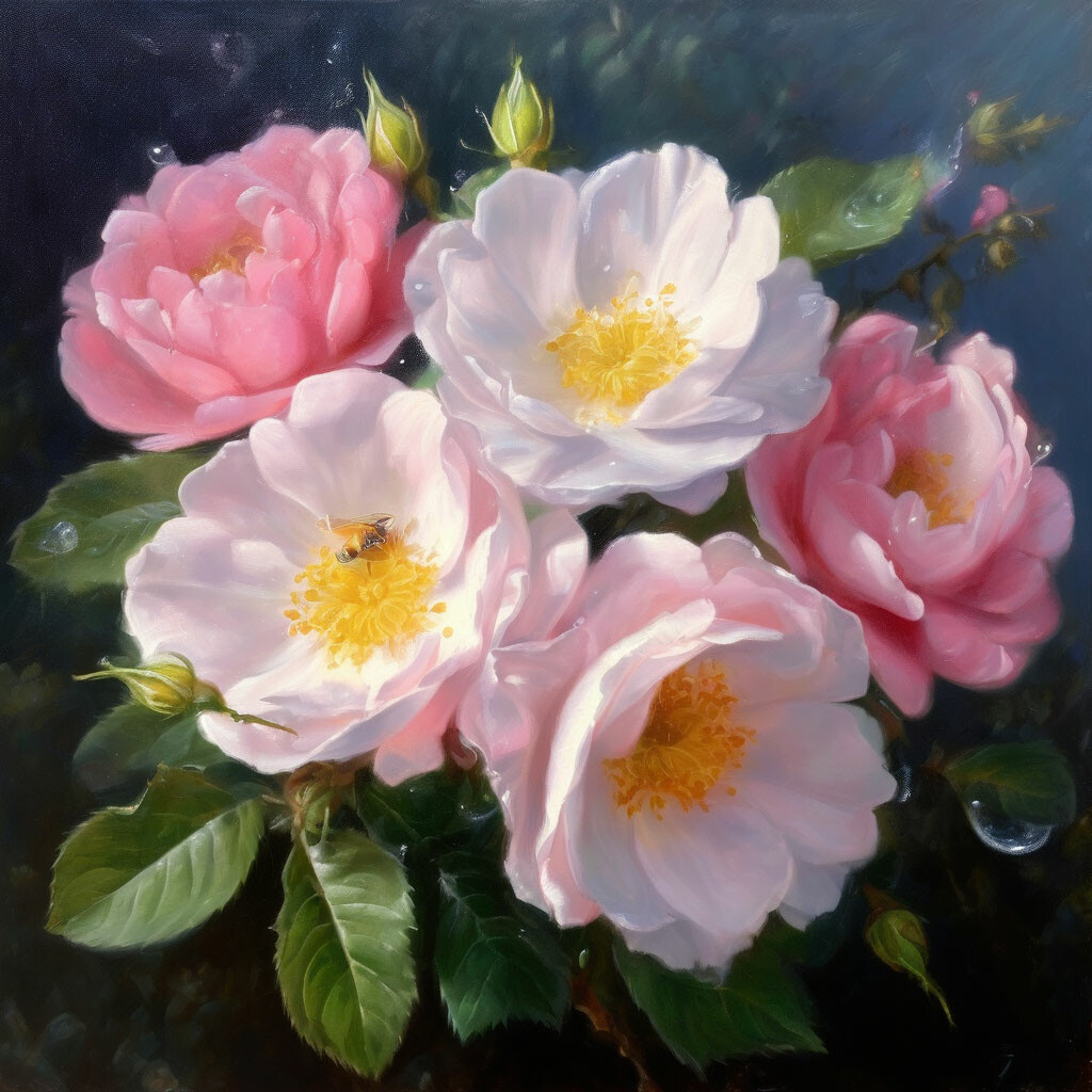 "Oil painting: Wild roses.Bee. In the rays of the sun. Dew drops.Garden ...