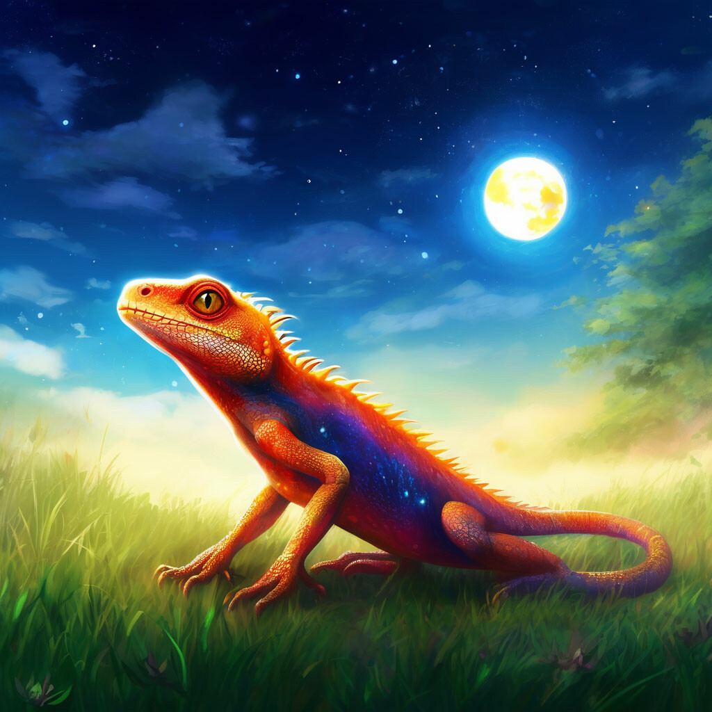 "Anime fantasy Lizard colors,magic , sun , moon , night , day ...
