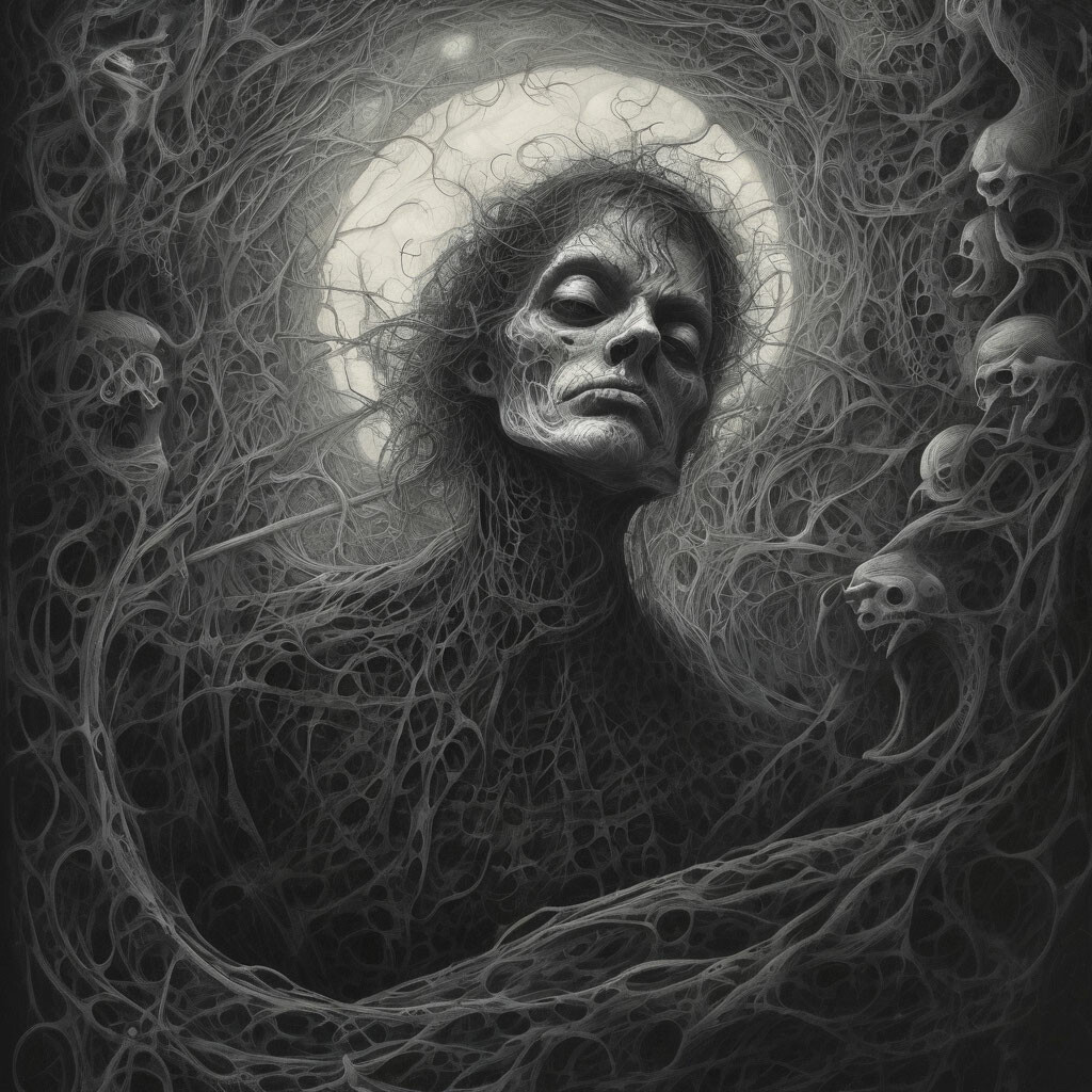 "Sleep paralysis,high-detail graphics, filigree drawing, horror ...