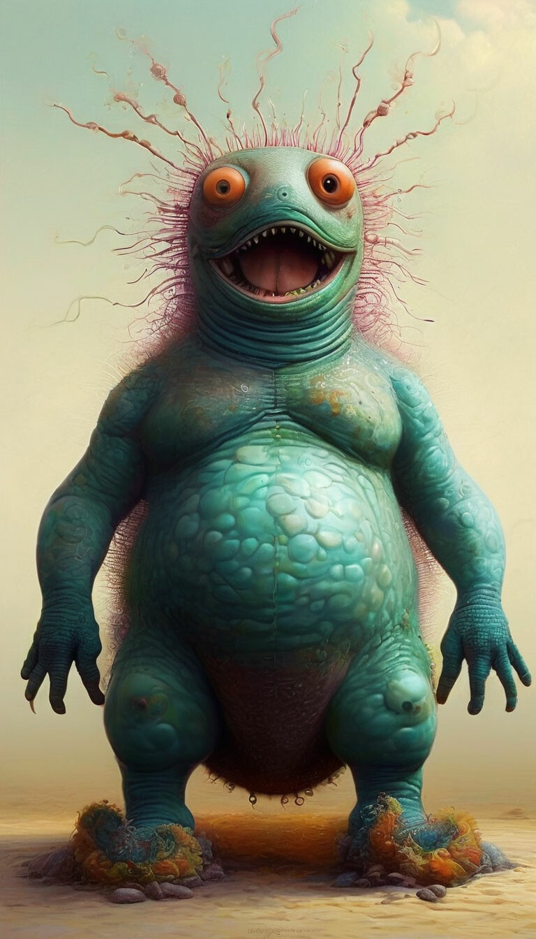 "🧉 Fermando Botero style, fun smilling dino bacterial creature ...