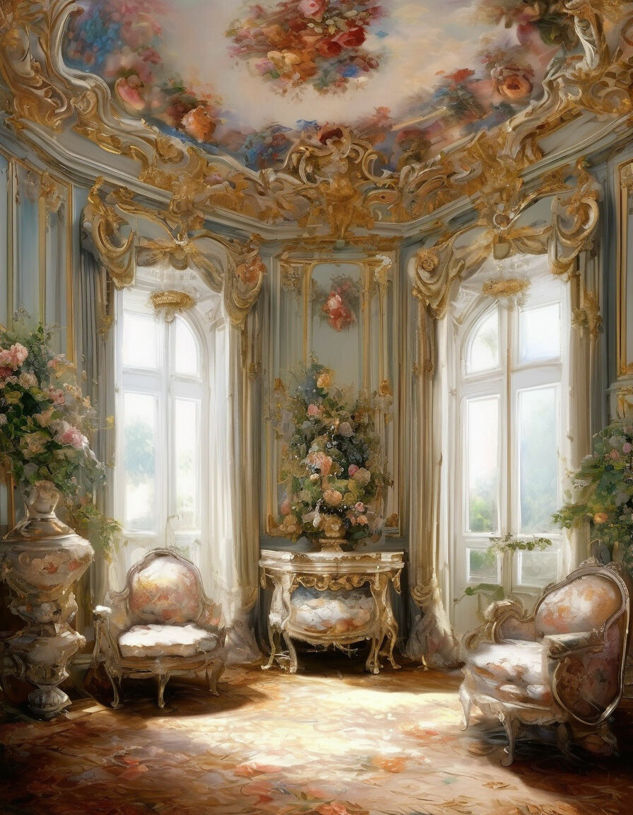 "Rococo interior design, luxurious painted ceilings in the palace ...