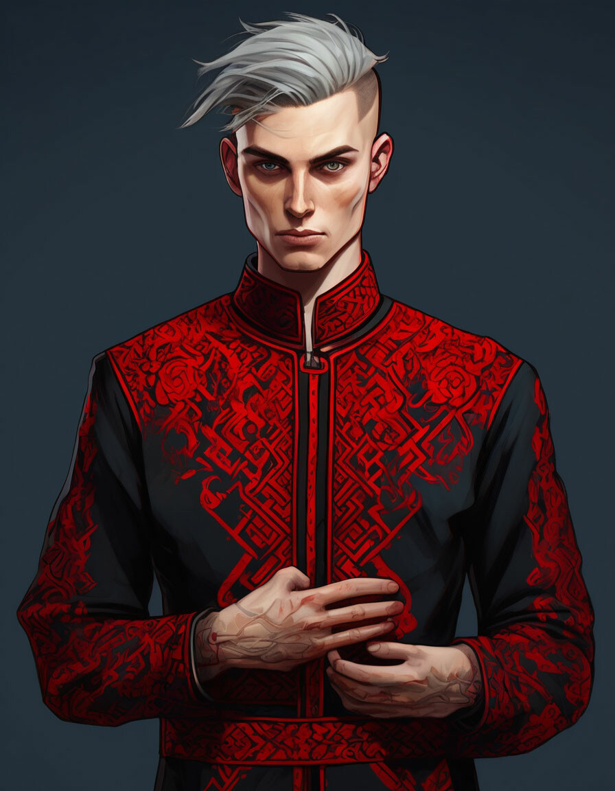 "Guy, slavic, in a black kosovorotka, red pattern on a kosovorotka, red ...